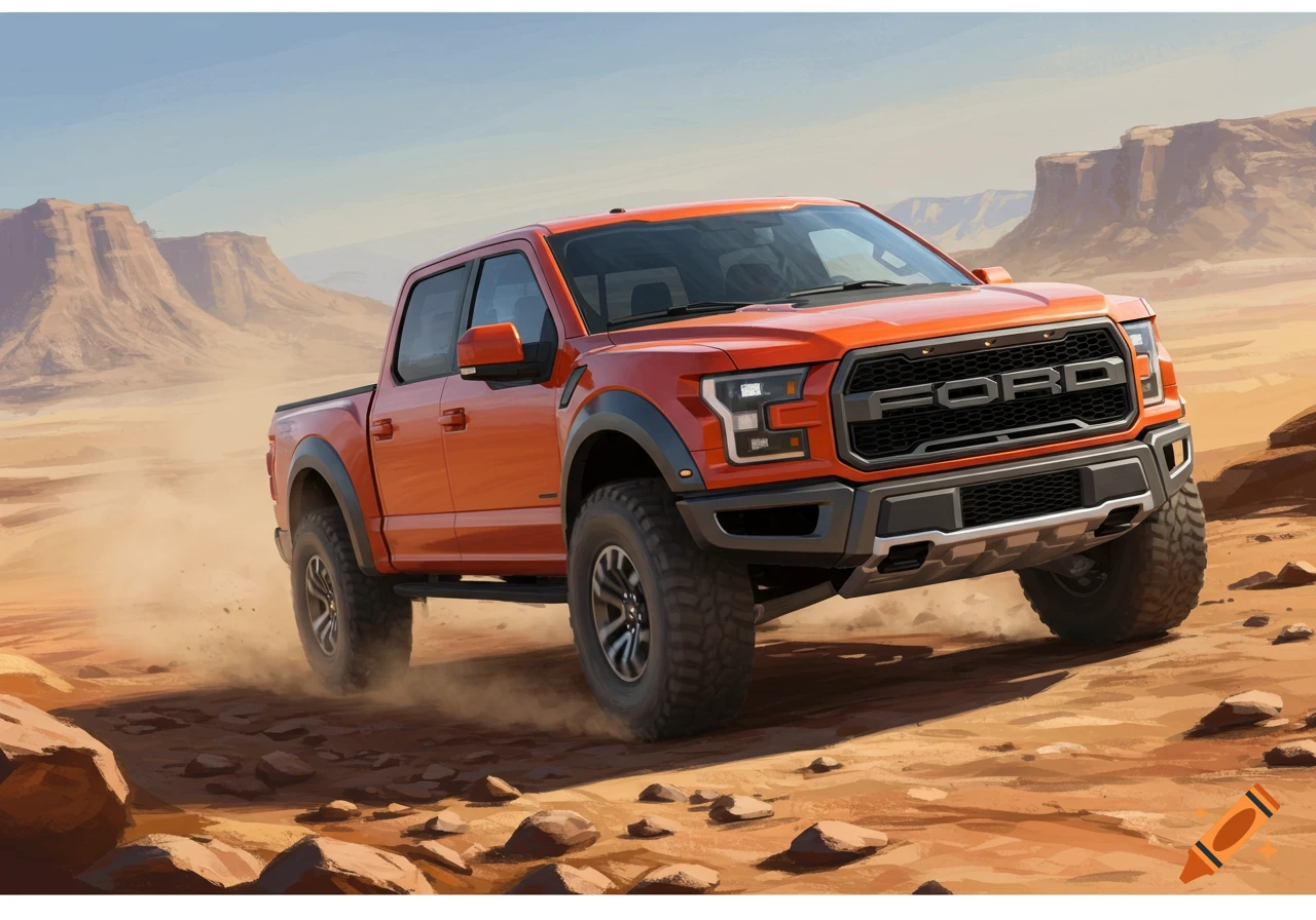 An orange Ford Raptor pickup truck drives through a desert. on Craiyon
