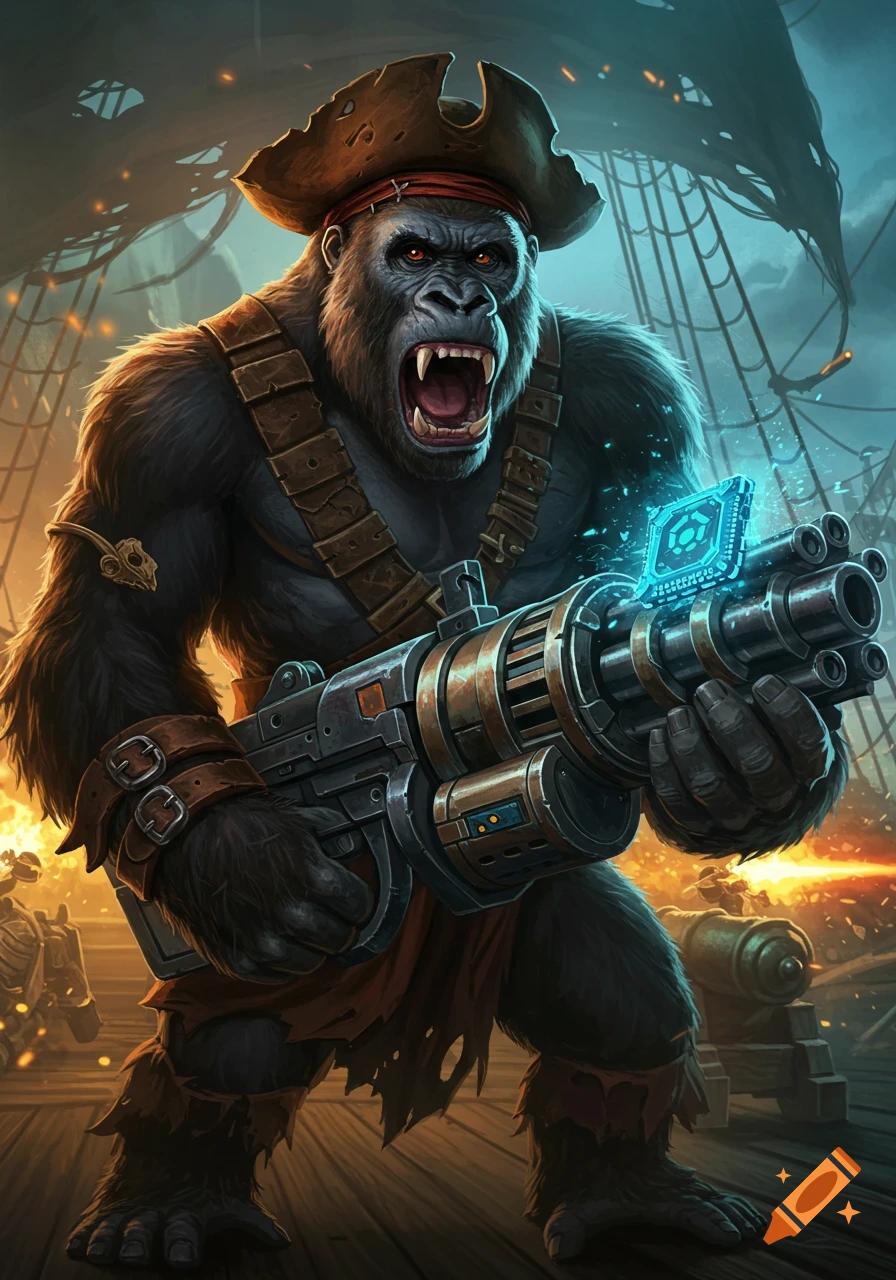 A fierce gorilla pirate wearing a hat and eye patch holds a futuristic weapon on a ship deck. on ...