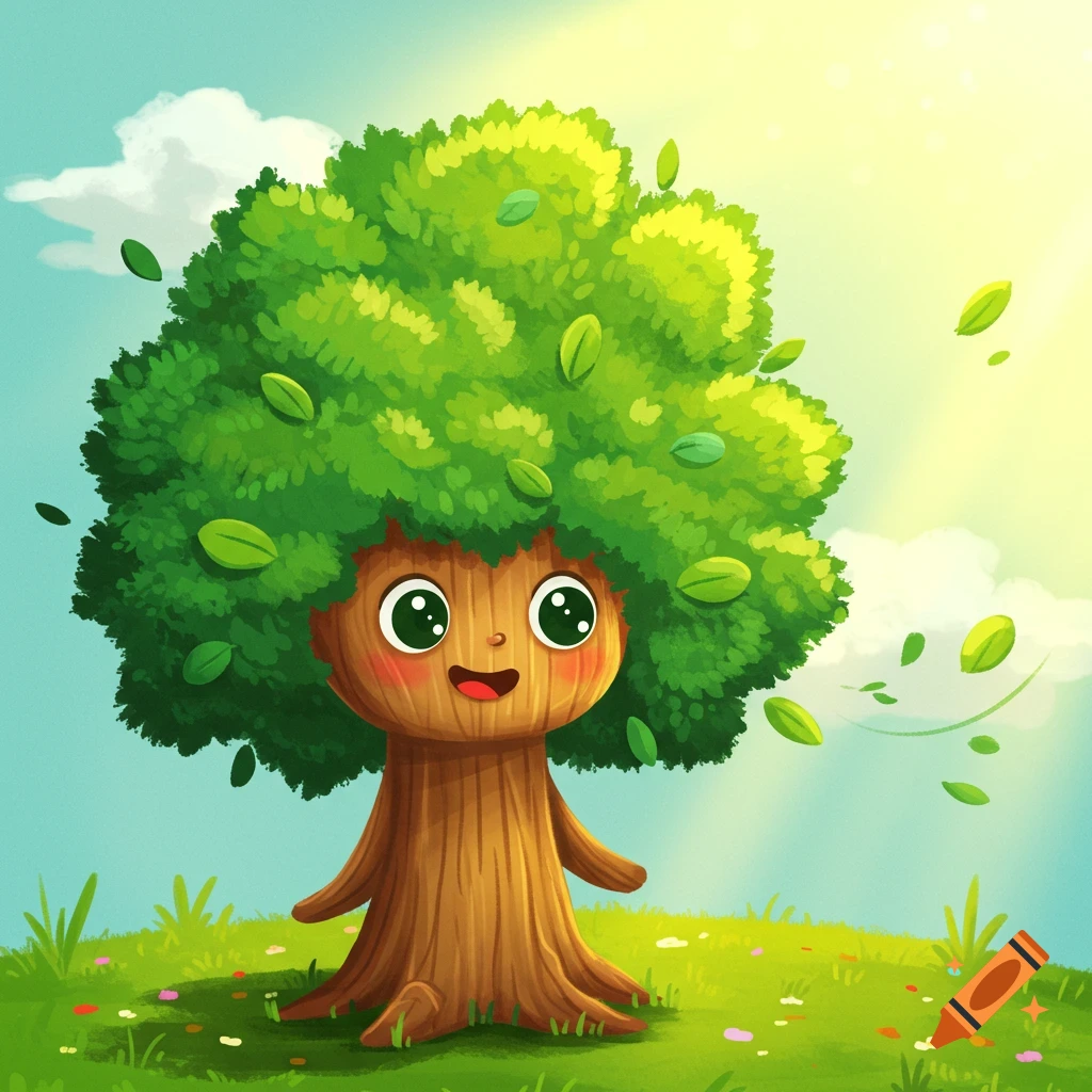 A cute cartoon tree character stands in a sunny field with leaves ...