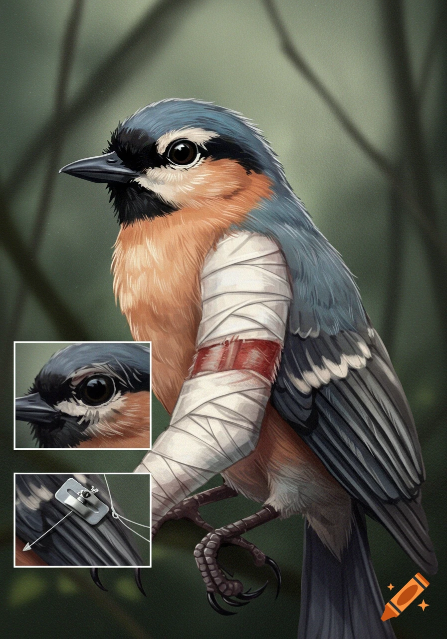 Illustration of a small bird with a bandaged wing and a metal tag on ...
