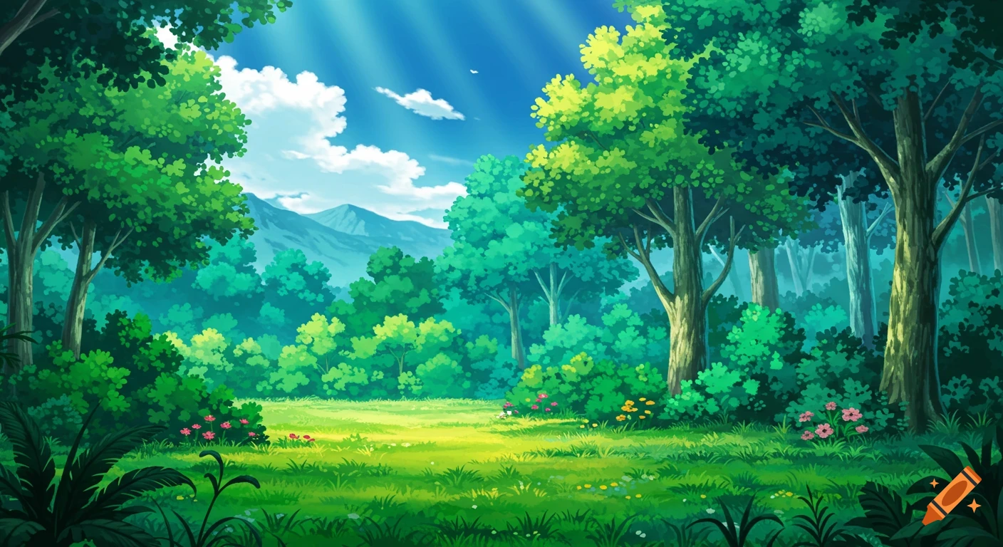 Anime style illustration of a sunny forest clearing with green trees ...