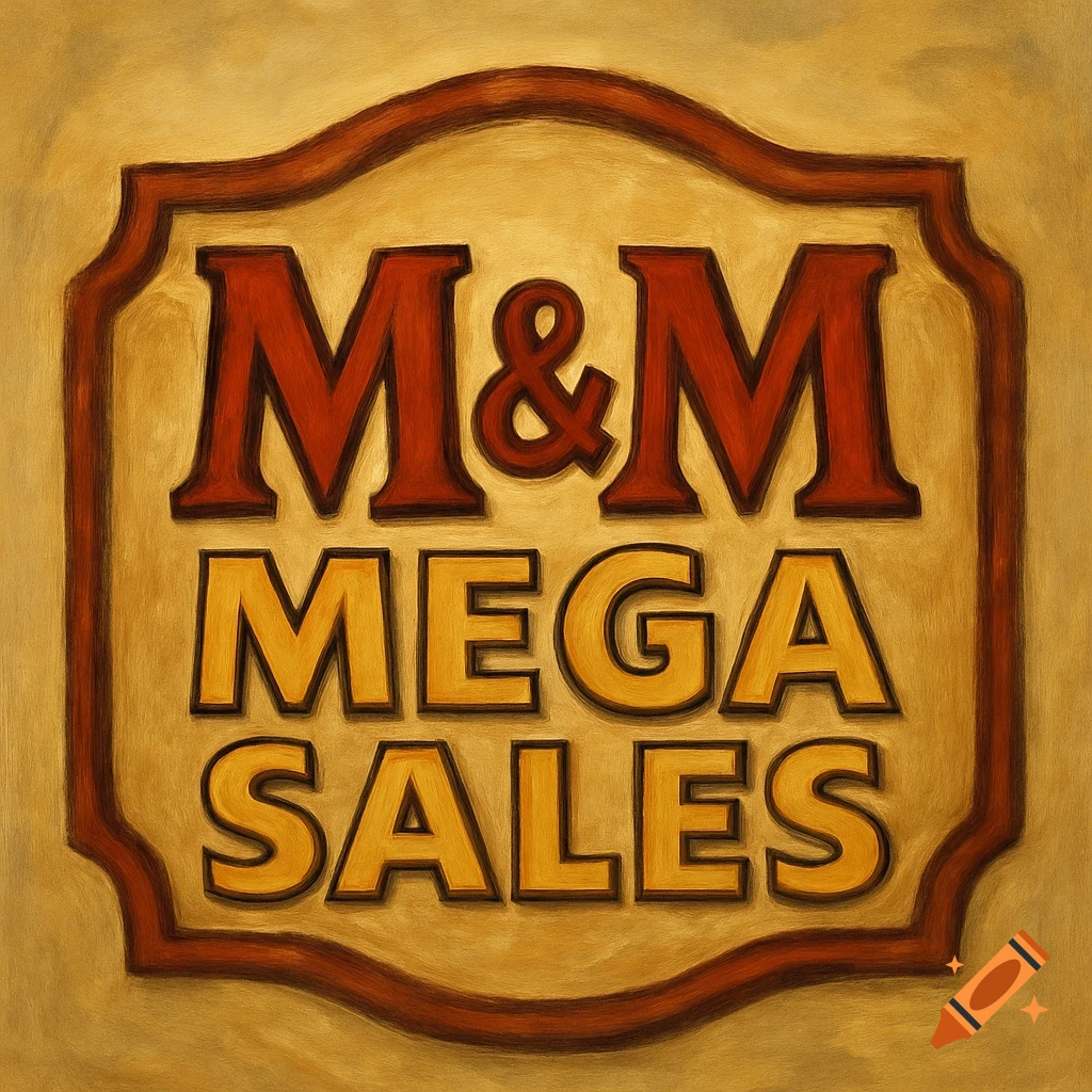 A painted sign with the text M&M MEGA SALES in red and yellow on a ...