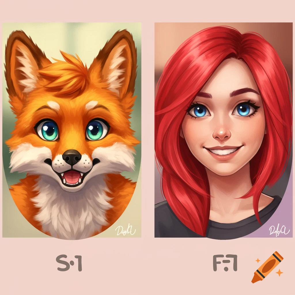 Stylized illustration of a fox face next to a human face with red hair ...