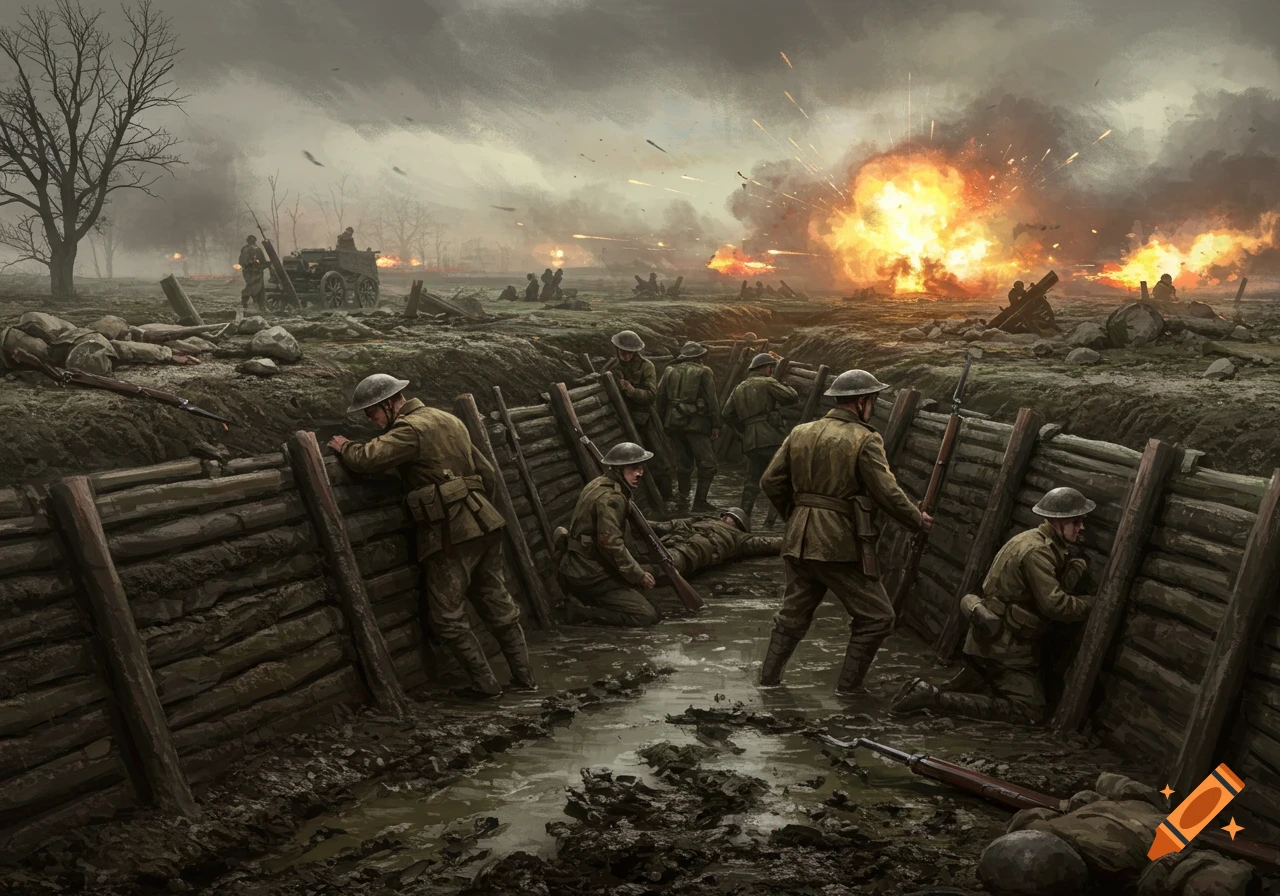 Soldiers stand and lie in a muddy trench during a WWI battle with ...