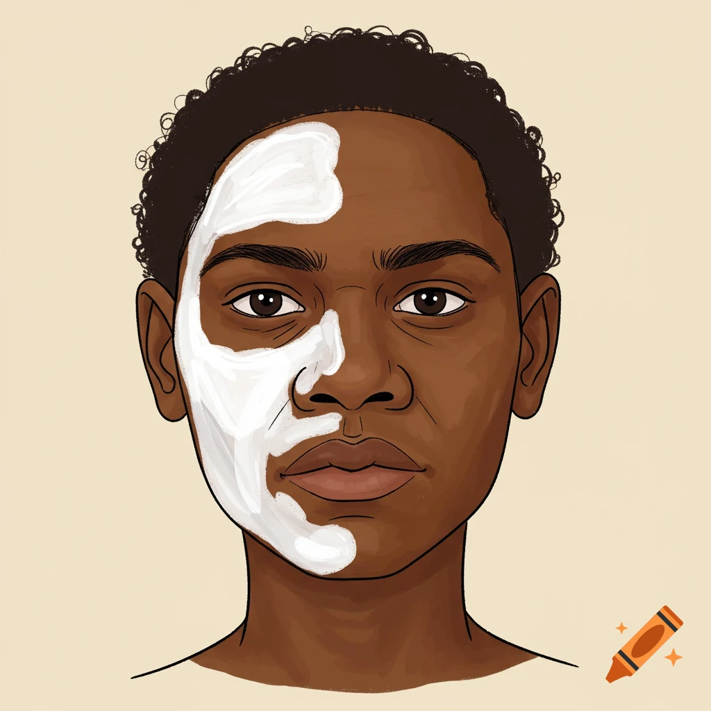 A simple drawing of a person's face, half covered in a white substance ...