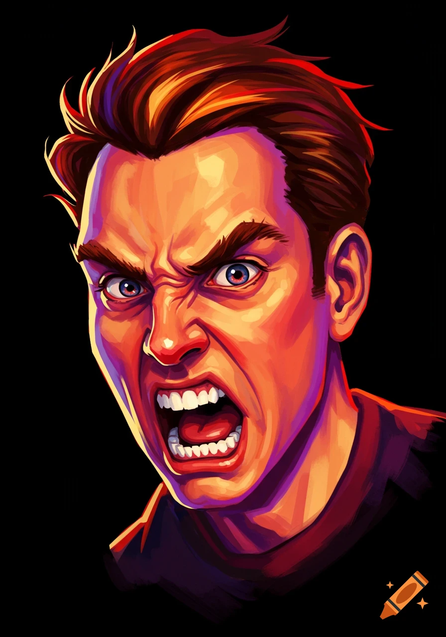 Close-up illustration of a man's face contorted in rage. on Craiyon