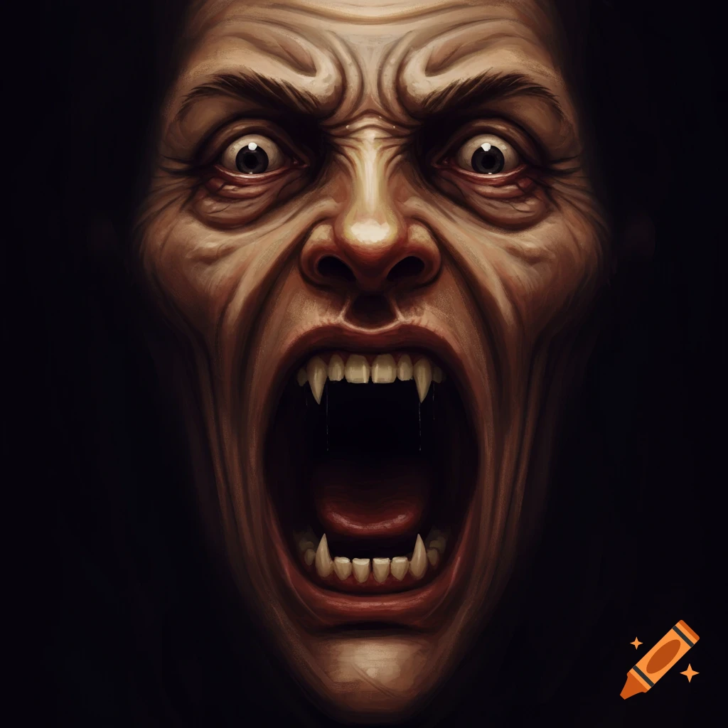 Close-up illustration of a scary screaming face with fangs. on Craiyon