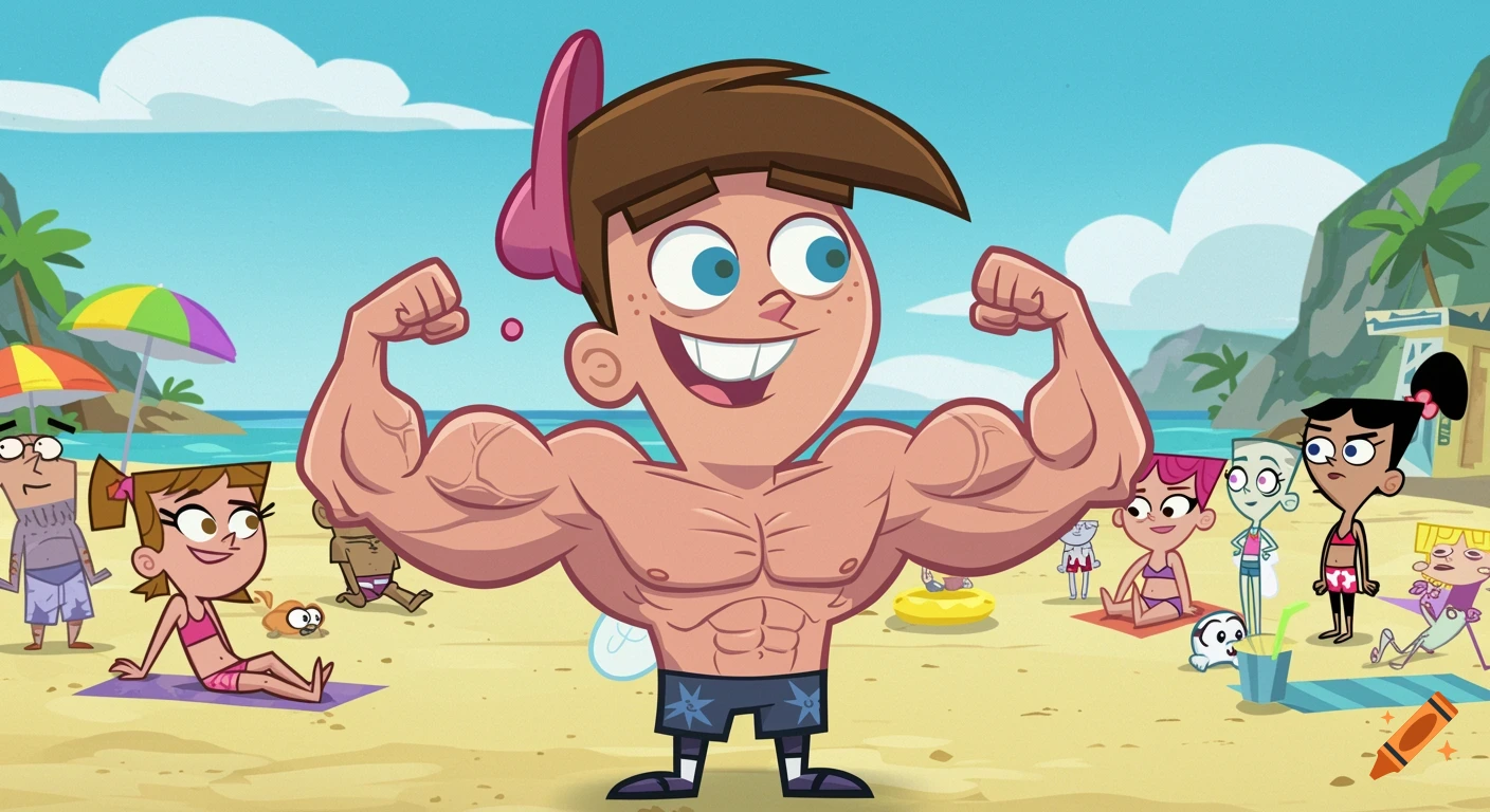 Timmy Turner from Fairly OddParents flexing muscles on a beach on Craiyon