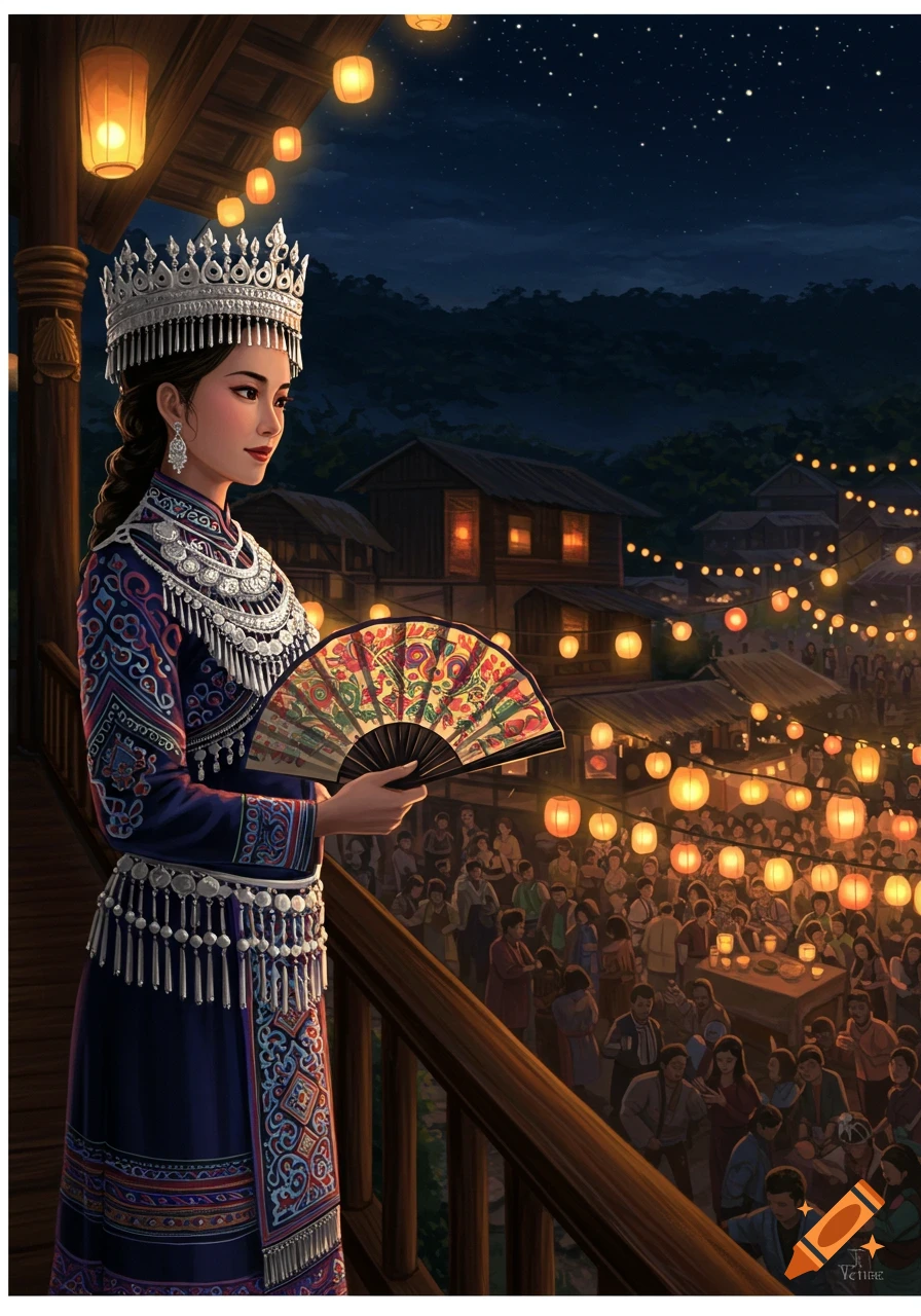 Hmong princess in traditional dress on a balcony overlooking a busy ...