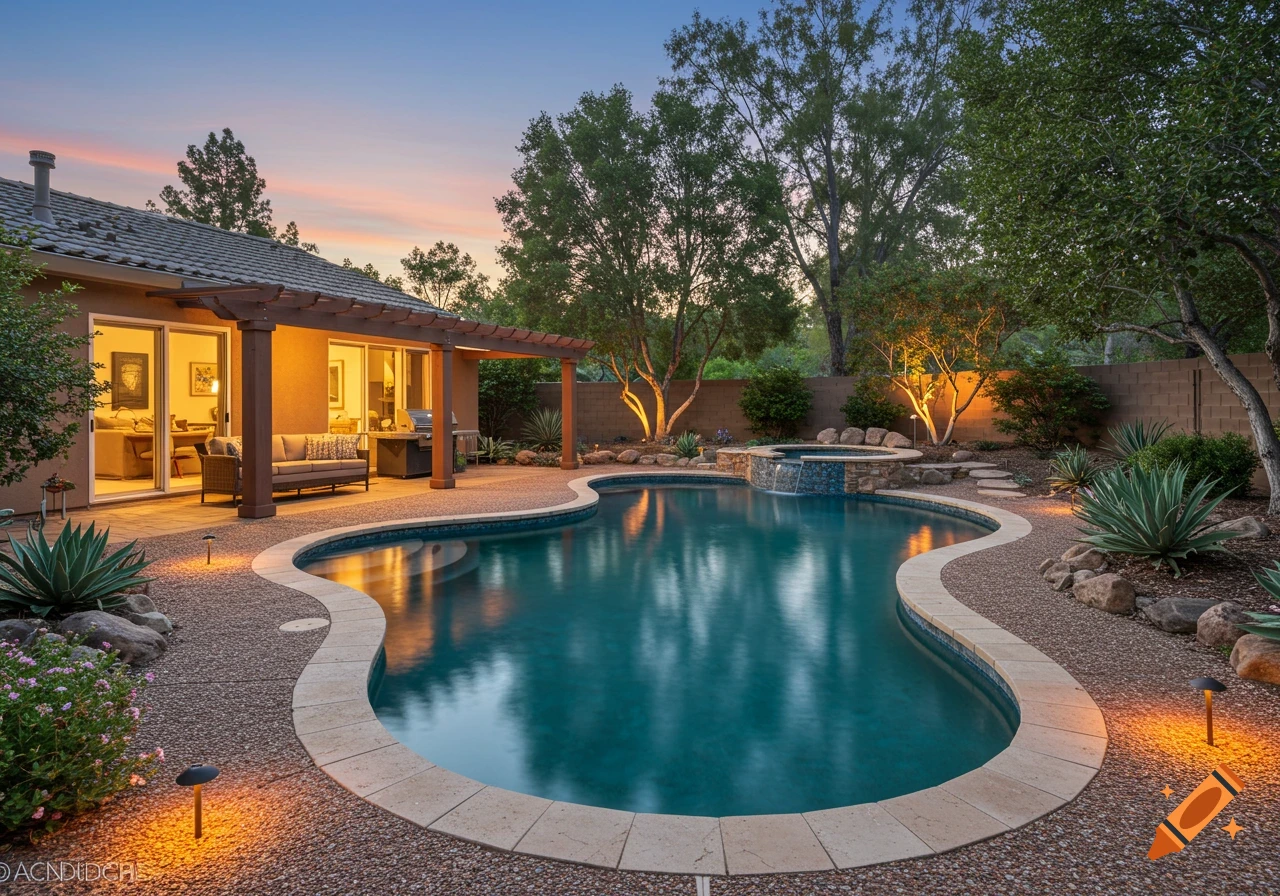 A beautiful backyard pool area with a curved pool, patio, and ...