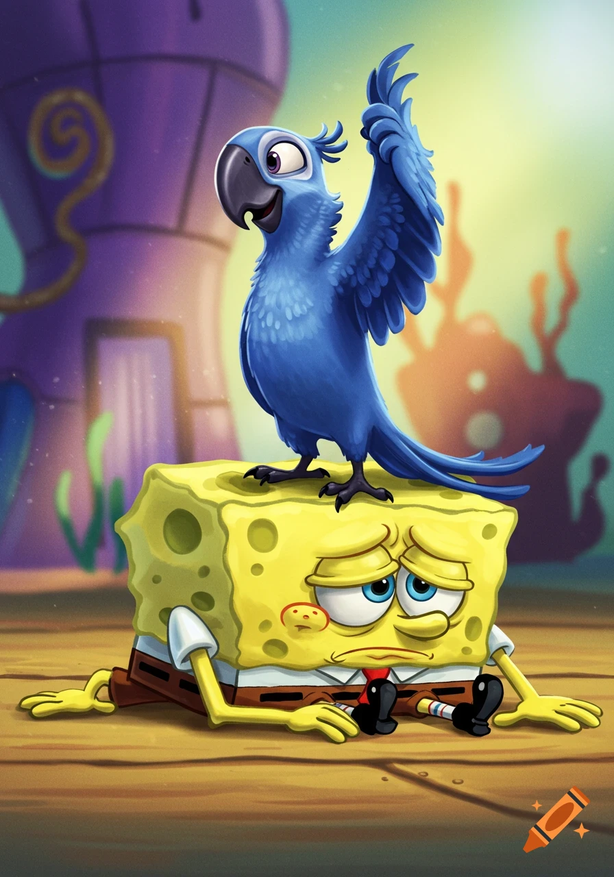 Blu the macaw stands triumphantly on a sad Spongebob Squarepants. on ...