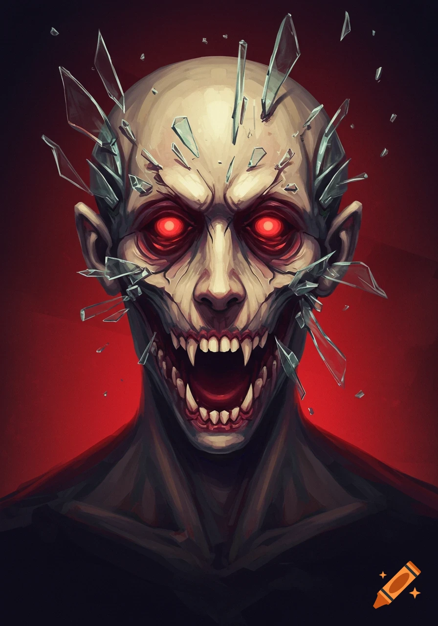 Terrifying creature with red eyes, bared teeth, and glass shards ...