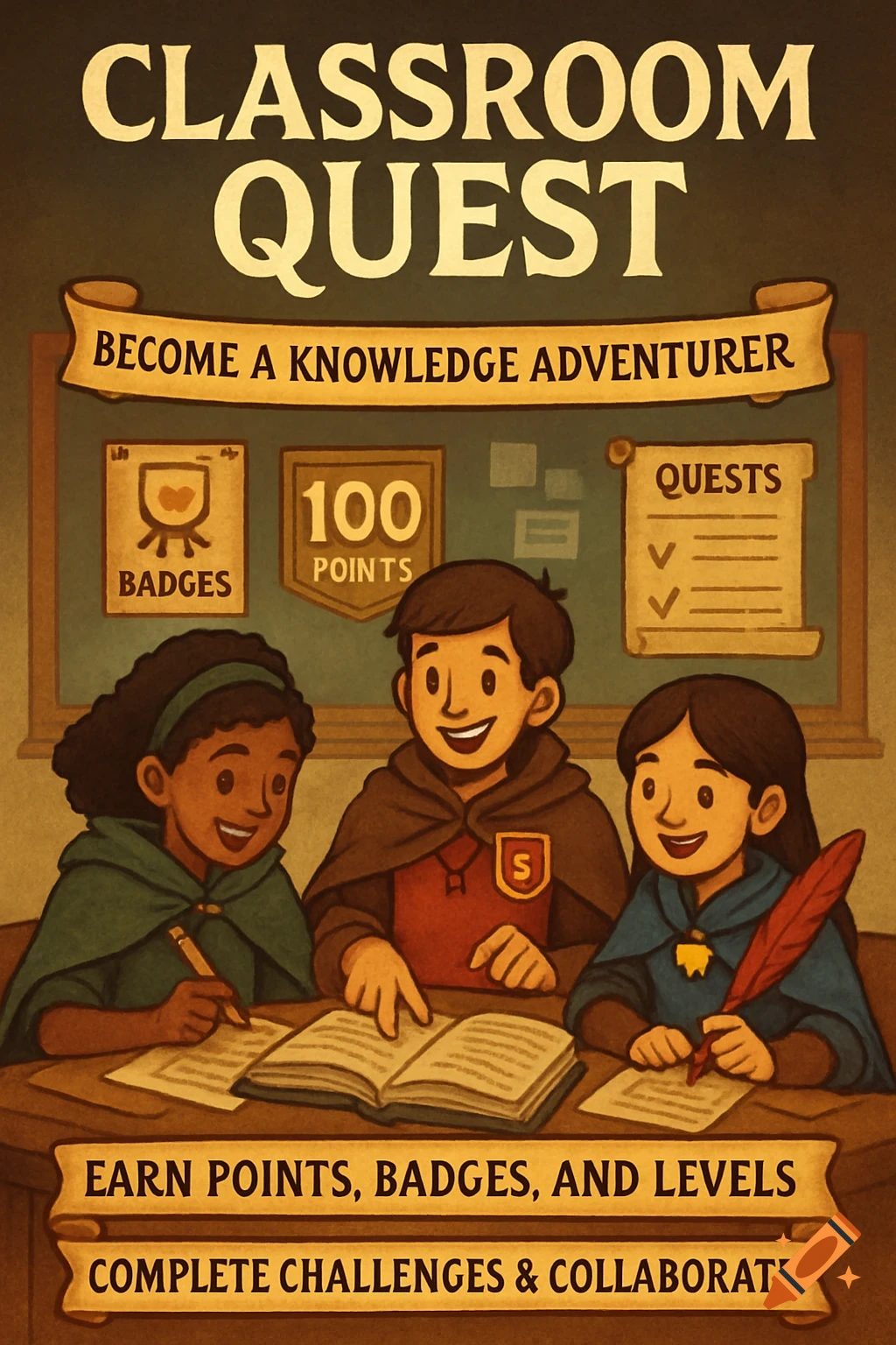 Cartoon illustration of three diverse students dressed like adventurers ...
