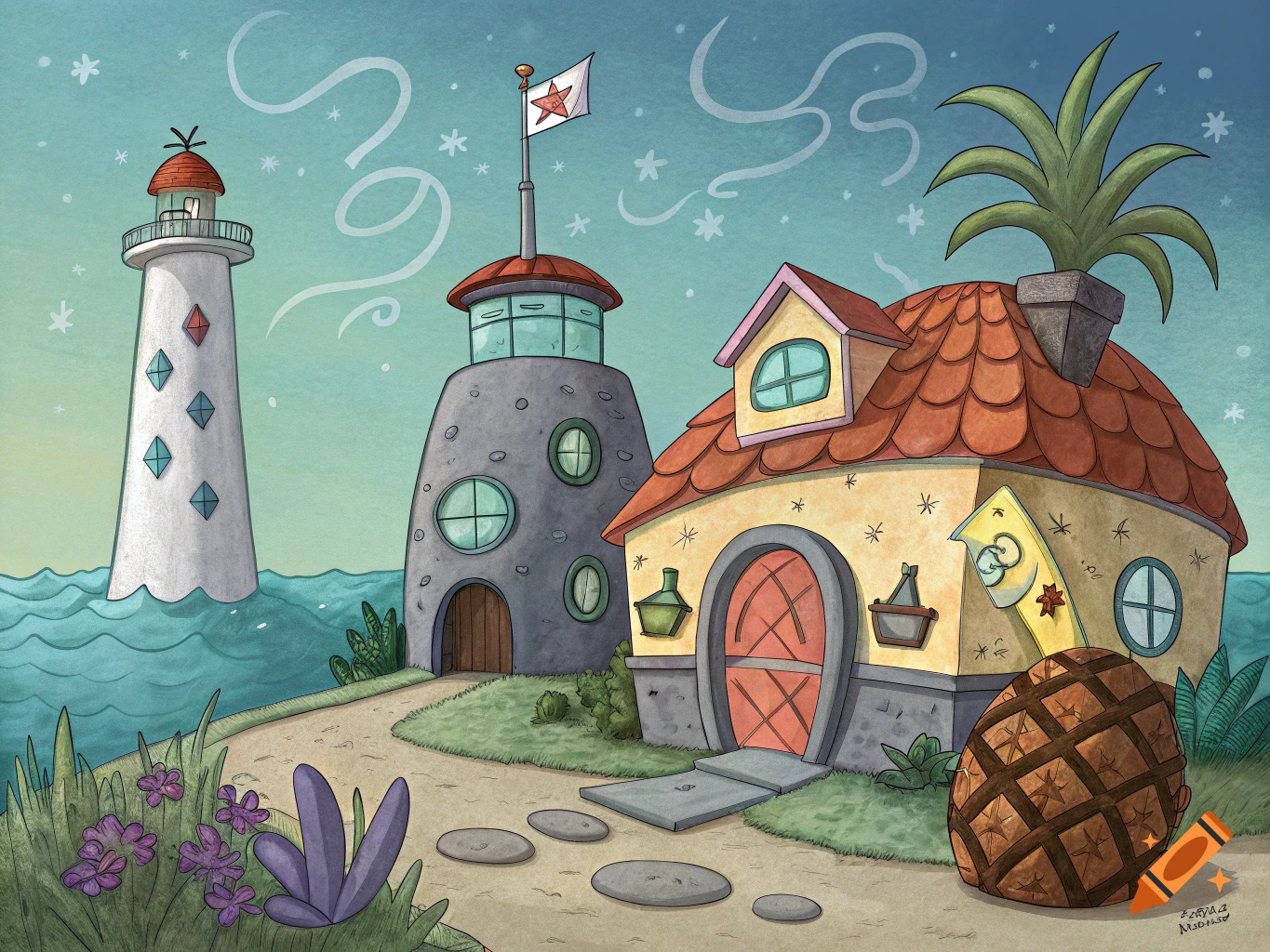 Illustration of stylized houses resembling SpongeBob, Patrick, and ...