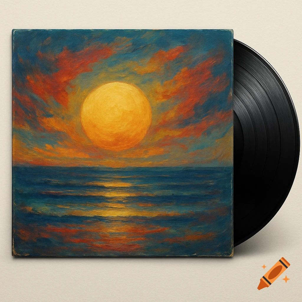 An album cover with a painting of a sunset over the ocean in a textured ...