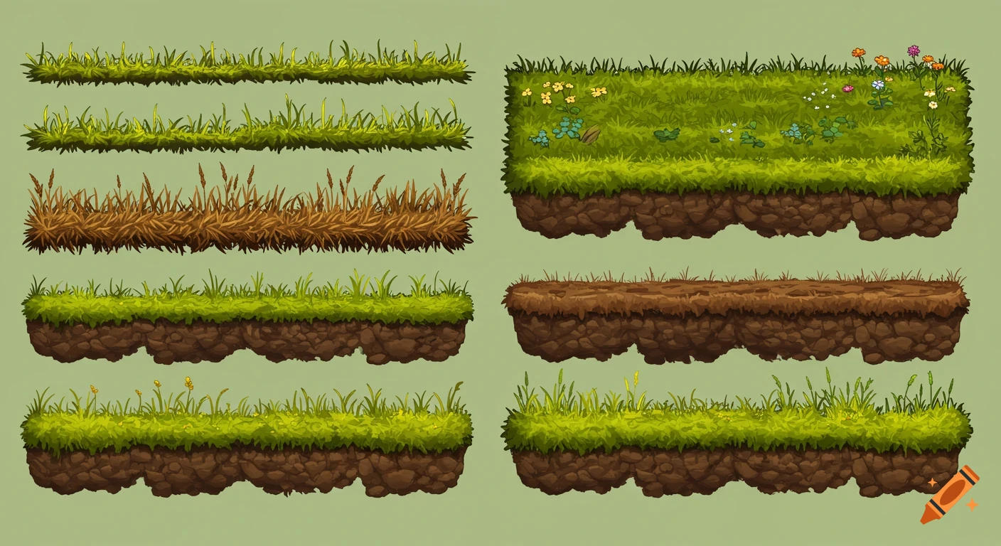 Set of 2D video game sprites of different grass and dirt platforms and ...