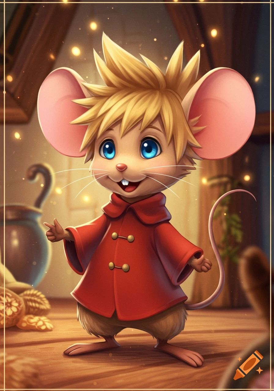 A cartoon mouse with blonde spiky hair and blue eyes wears a red coat ...
