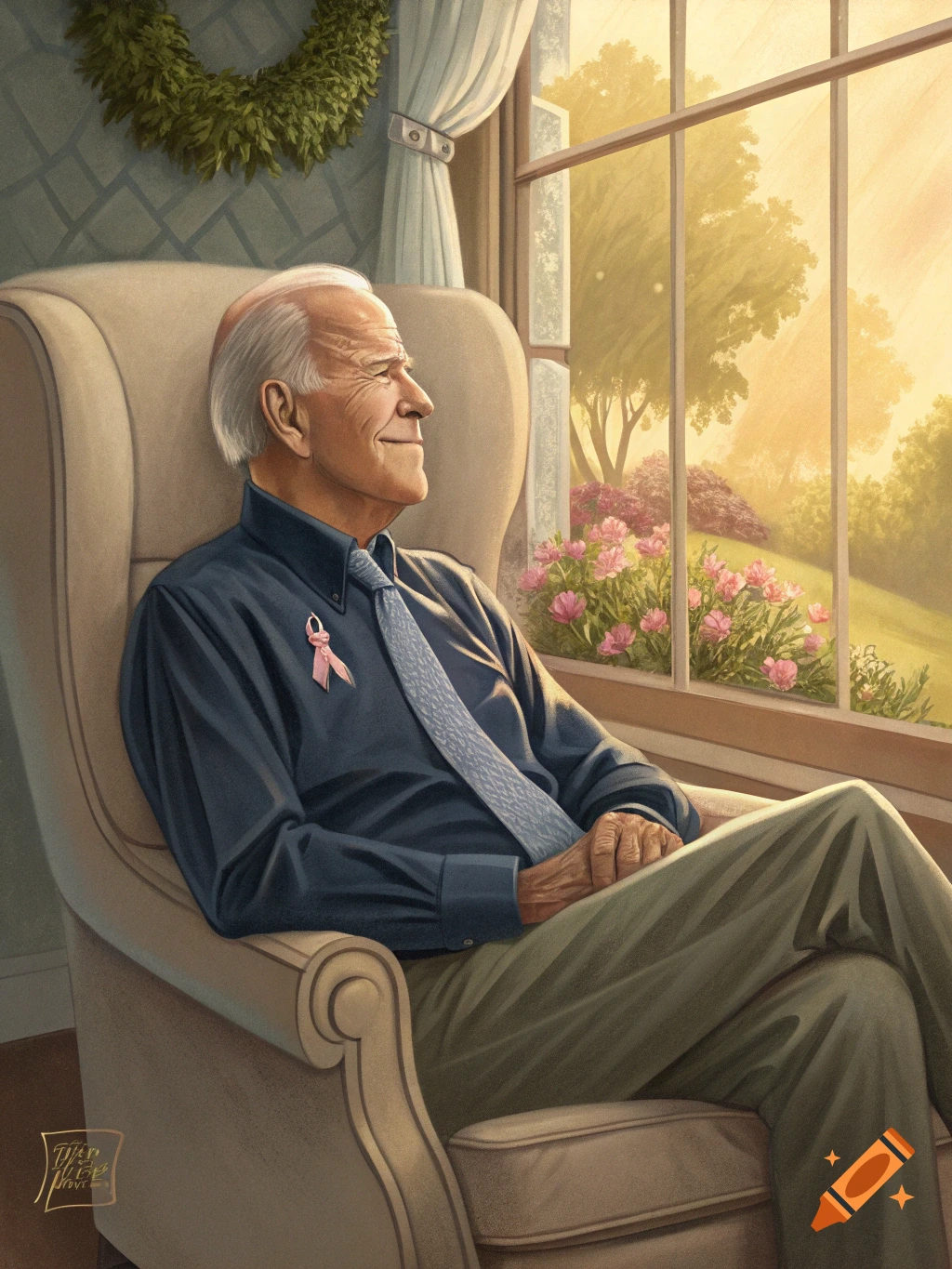 An illustration of Joe Biden sitting in an armchair by a window ...