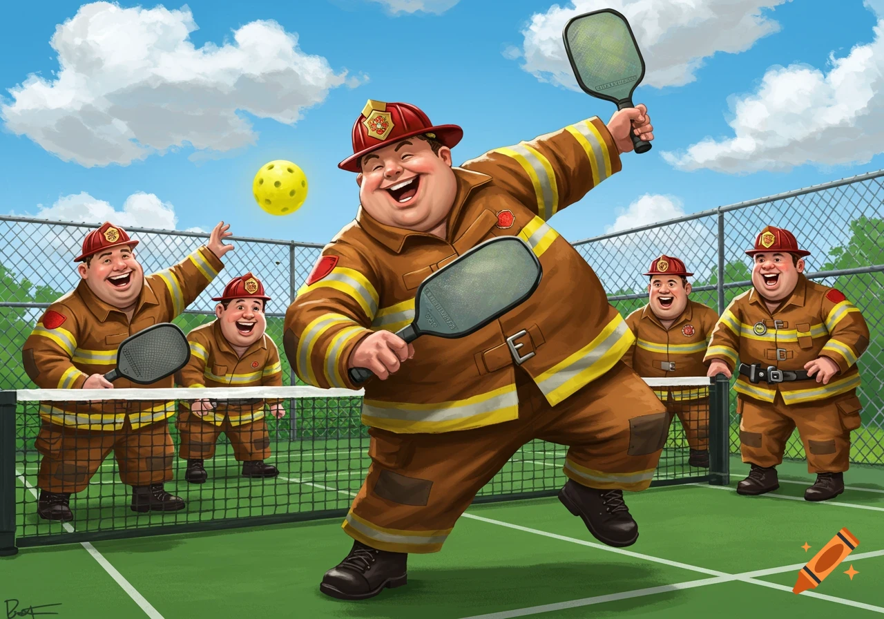Cartoon firemen playing pickleball on a sunny court. on Craiyon
