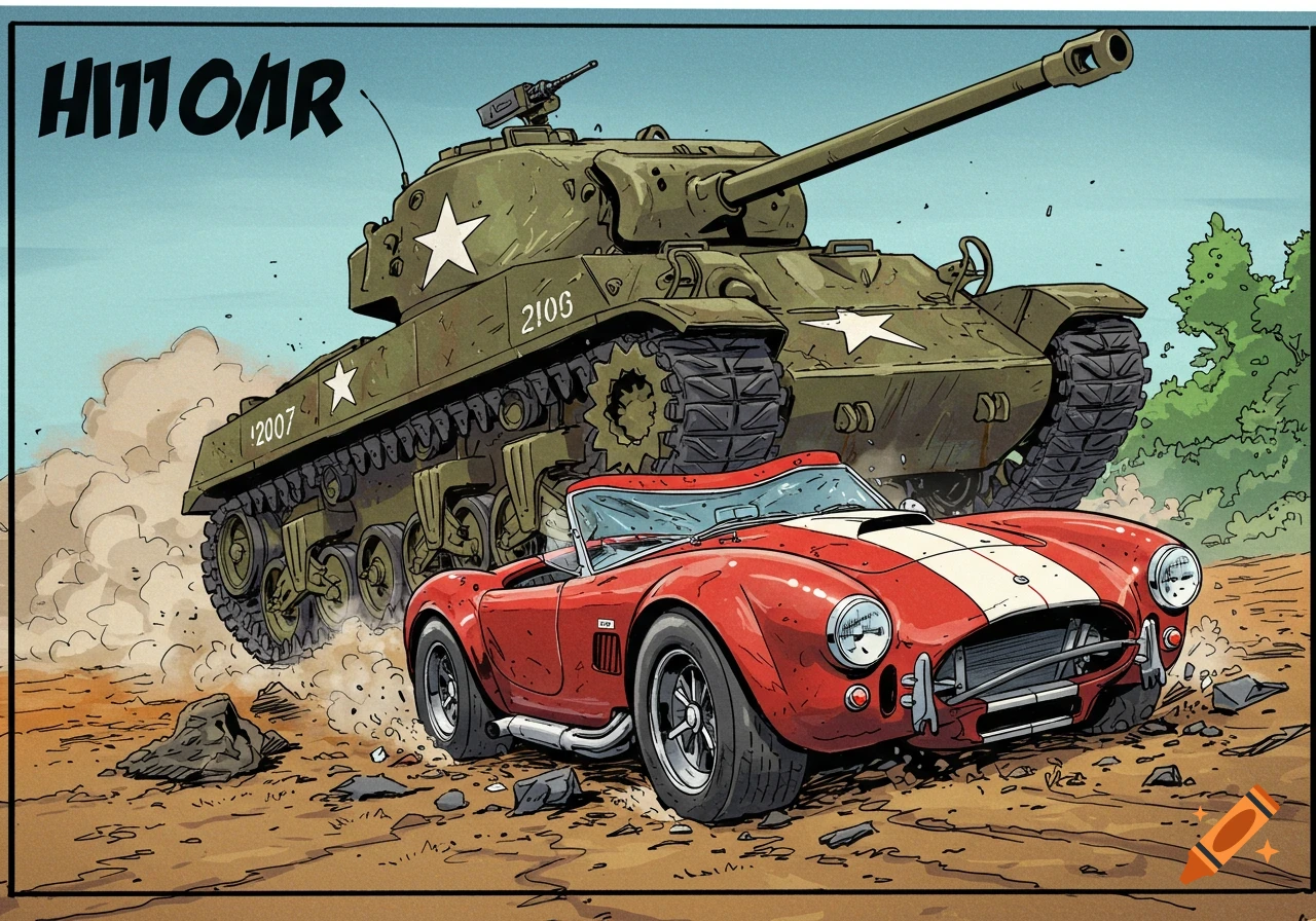 A comic style illustration of a tank driving over a red sports car. on ...