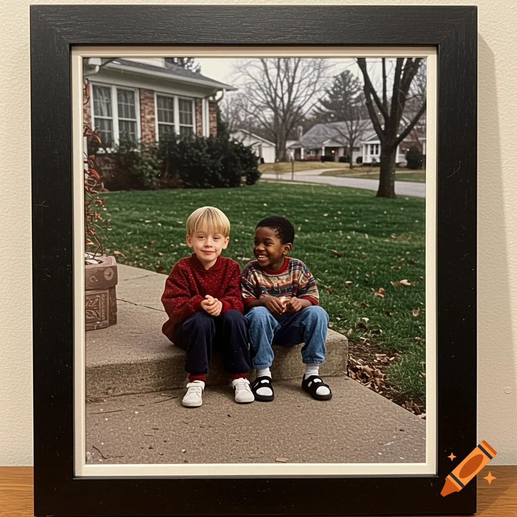 A framed photo of two young boys sitting on a porch step. on Craiyon