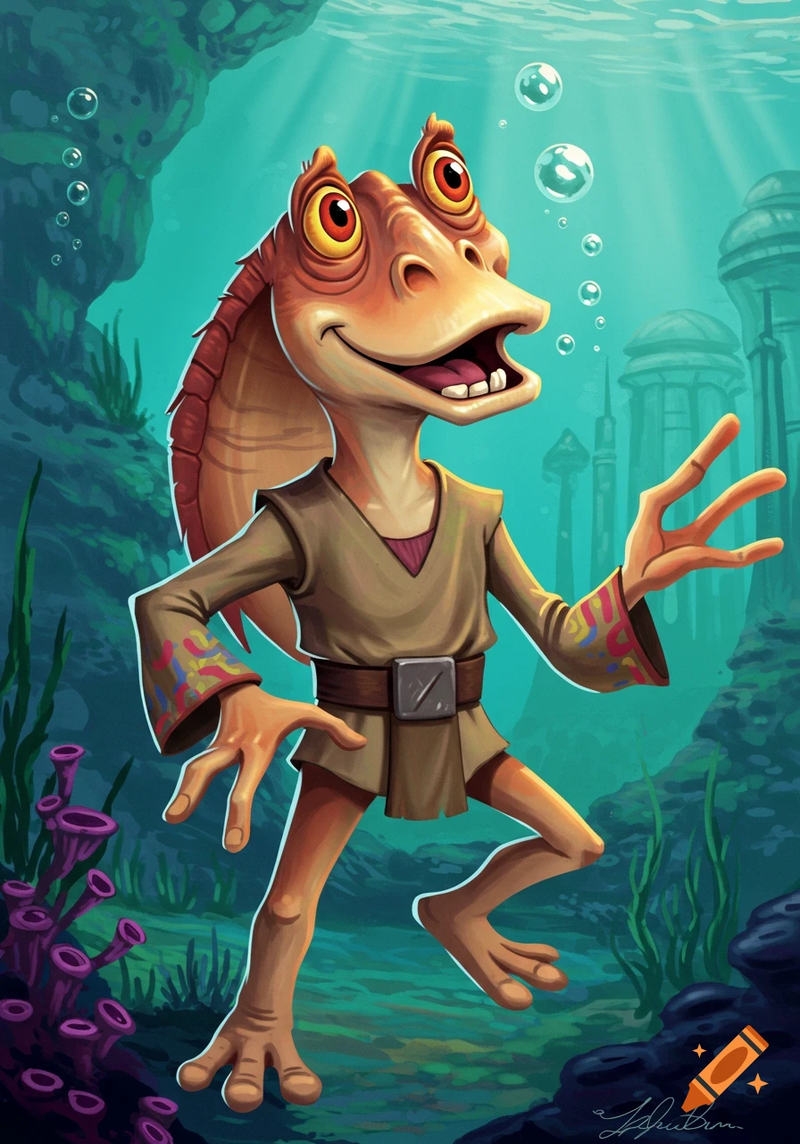 A cartoon illustration of Jar Jar Binks standing underwater among ...