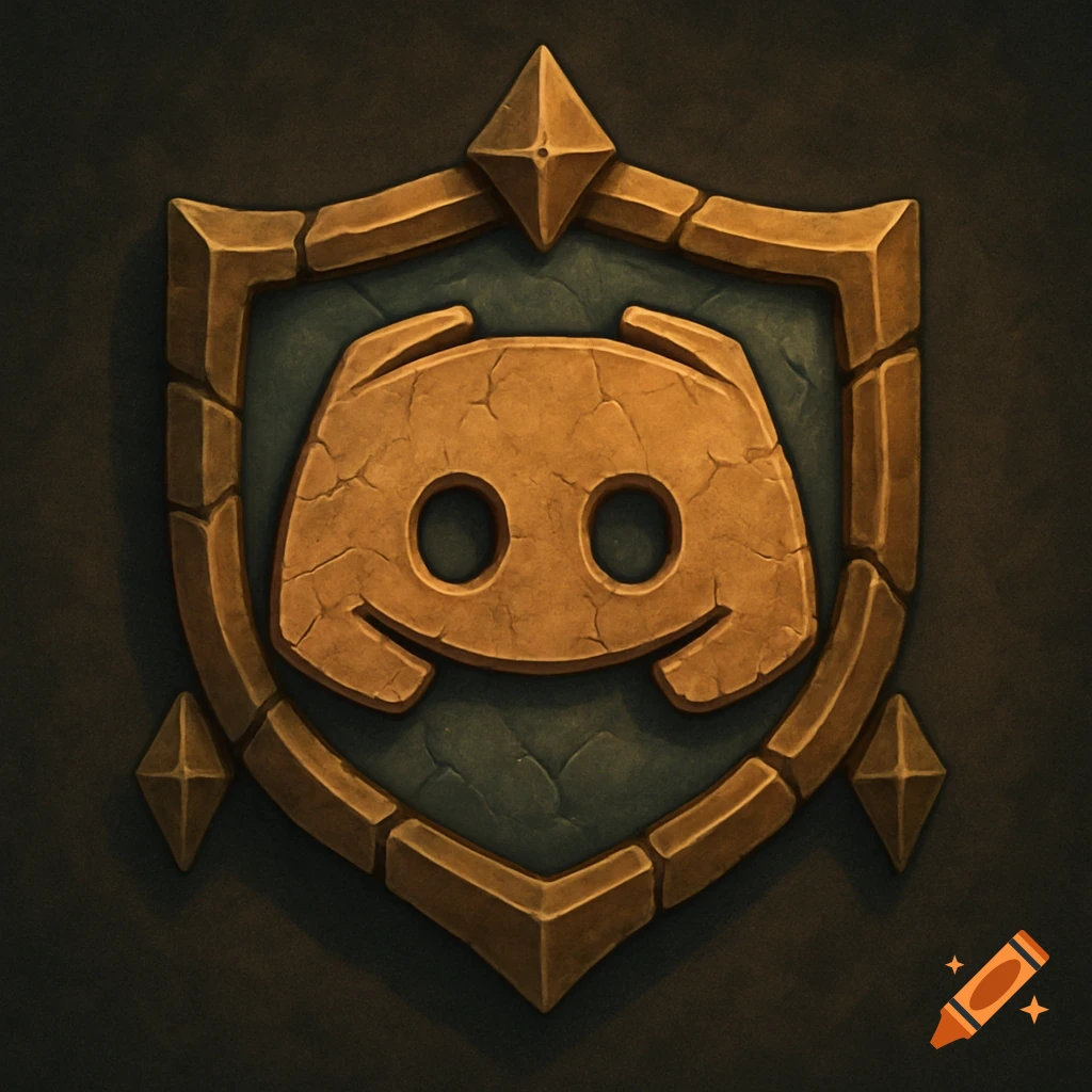 Stone and gold fantasy shield featuring a cracked Discord logo in the ...