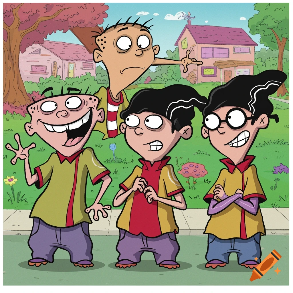 Ed, Edd, and Eddy standing in a neighborhood scene in a cartoon style ...