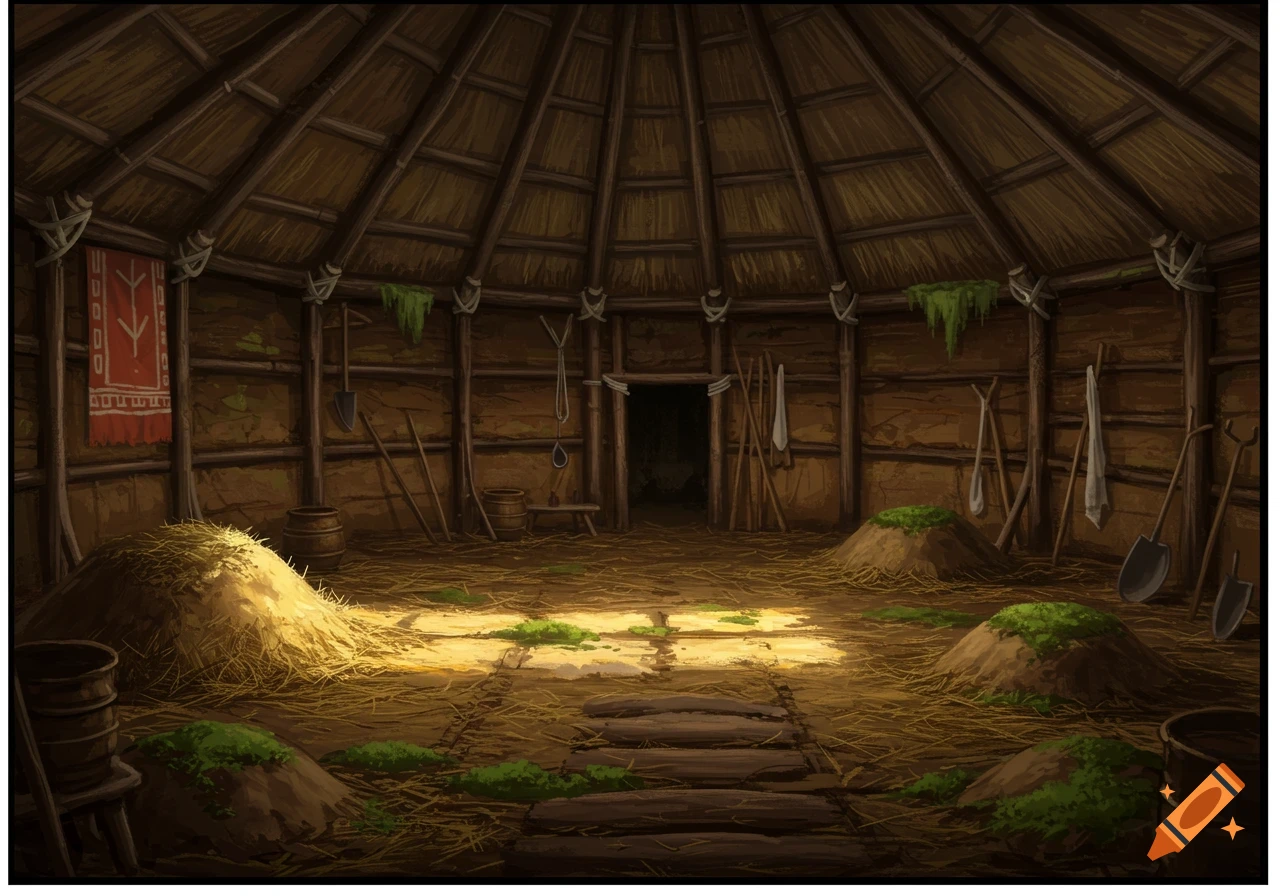 Interior of a rustic primitive hut with straw, dirt mounds, tools, and ...