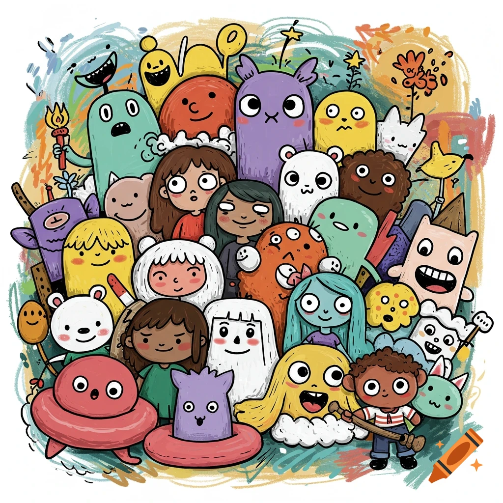 A colorful cartoon illustration of many doodle characters and people ...