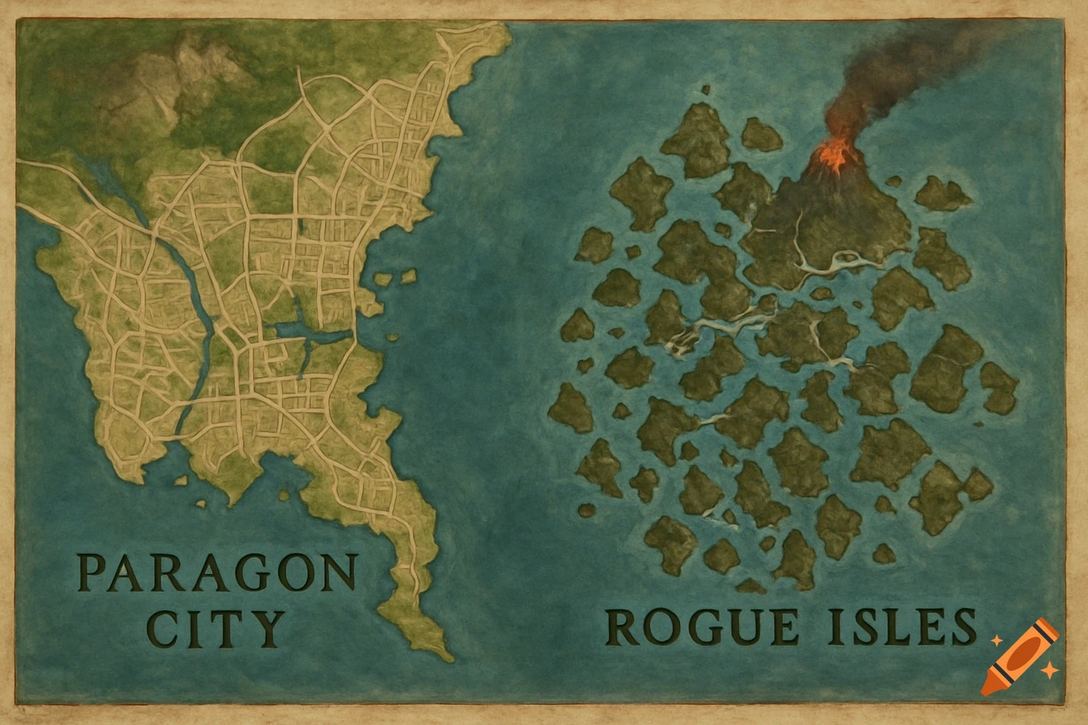 A stylized fantasy map shows Paragon City on a mainland and the Rogue ...
