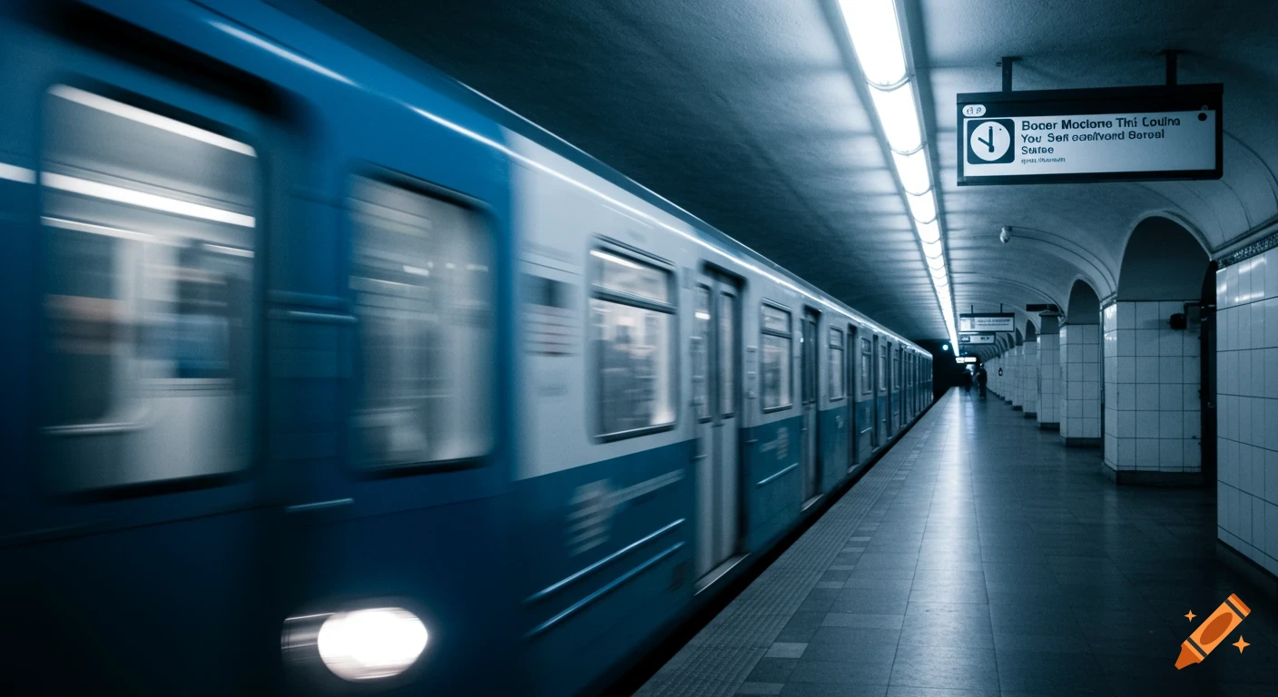 Long exposure photo of a blue and white subway train speeding through ...