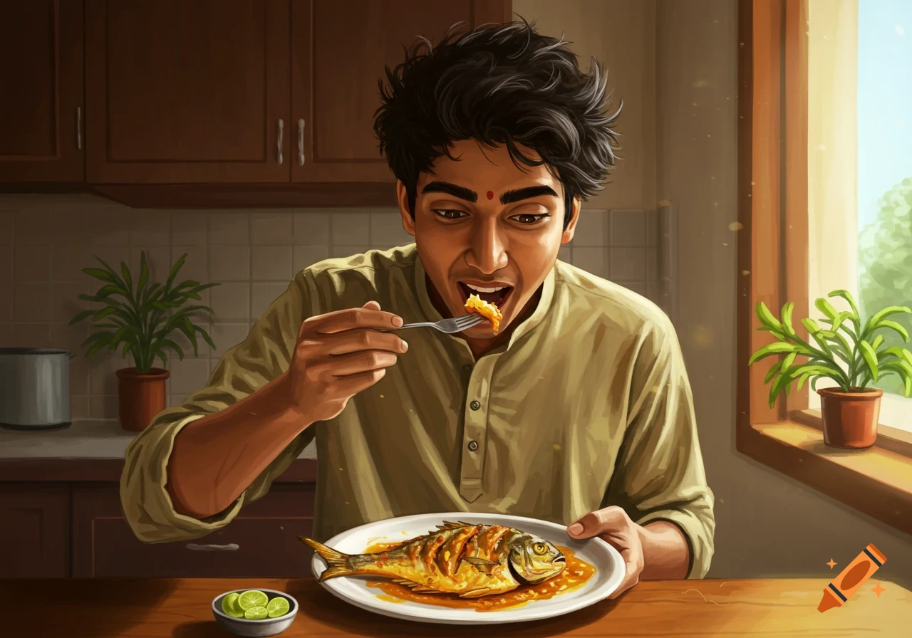 Illustration of a young Indian man eagerly eating a whole fried fish ...