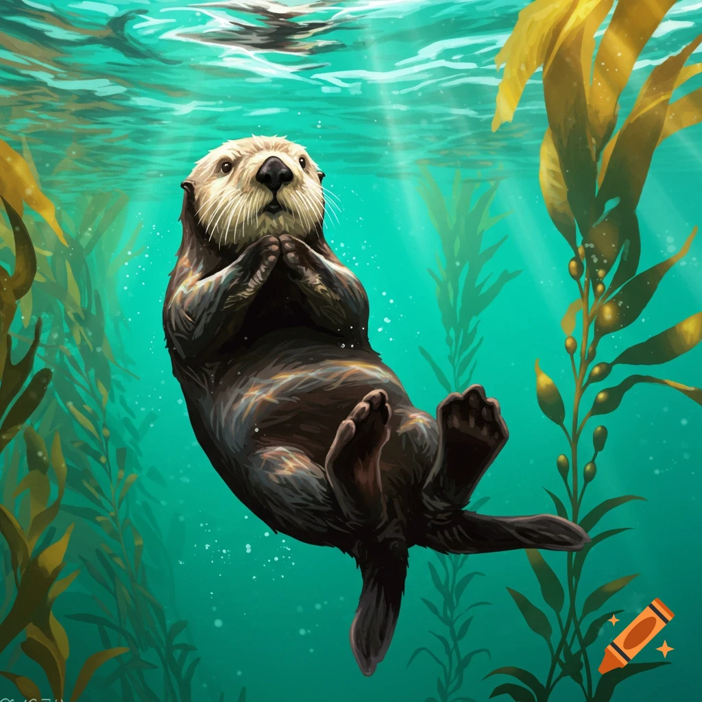 Illustration of a sea otter floating on its back underwater among kelp ...
