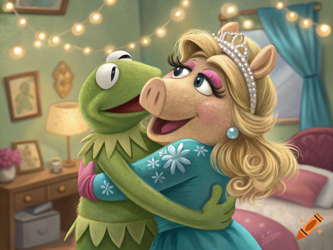 Illustration of Kermit the Frog hugging Miss Piggy in a room with fairy ...