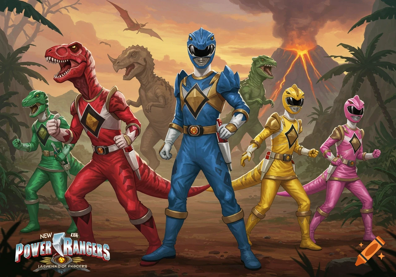 Five Power Rangers in dinosaur-themed suits stand with dinosaurs in a ...