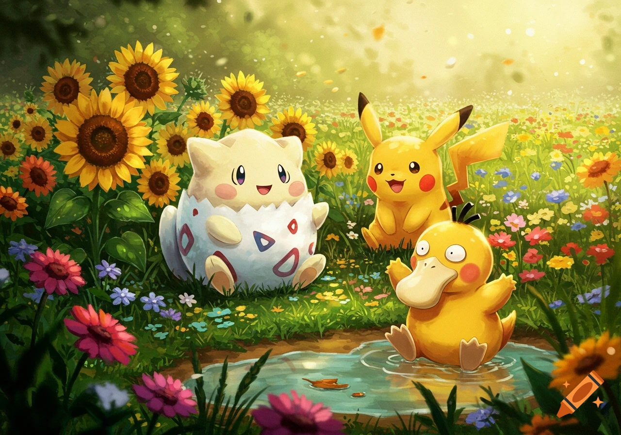 Togepi, Pikachu, and Psyduck in a sunny field of sunflowers and ...
