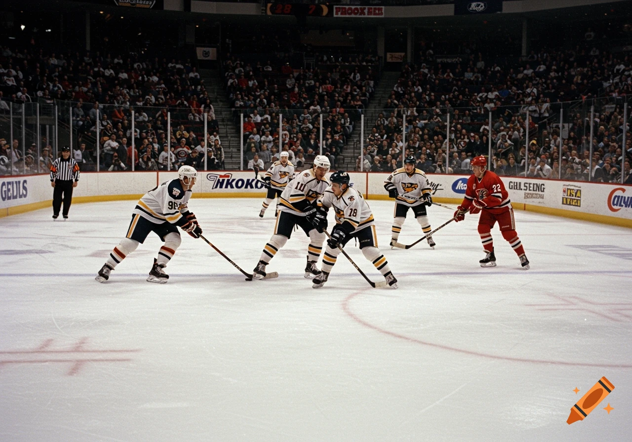 Hockey players on the ice during a game in an arena with a crowd in the ...