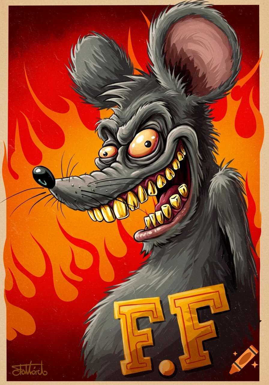 Illustration of a stylized grey rat with gold teeth and red eyes against a fiery background. on ...