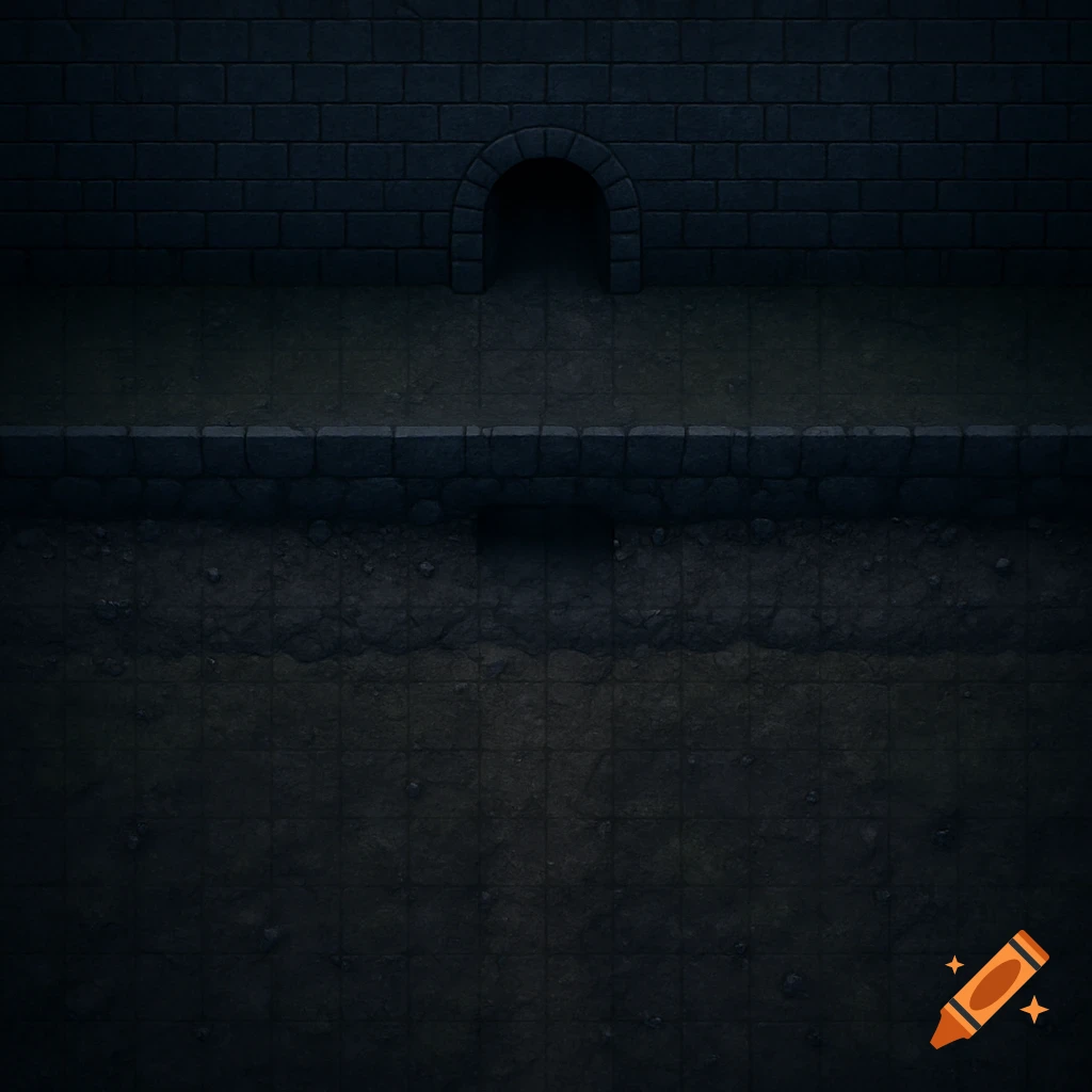 Top-down gridded battle map of a medieval sally port, stone wall ...