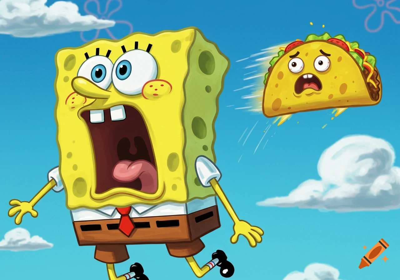 Cartoon of Spongebob yelling at a flying taco in the sky. on Craiyon