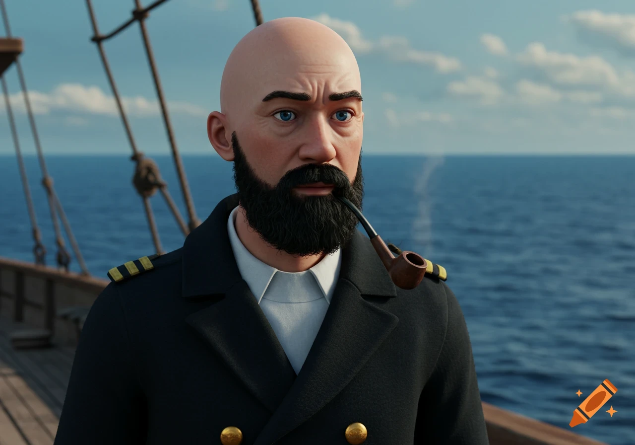 A bald, bearded man resembling Captain Haddock stands on a ship's deck ...