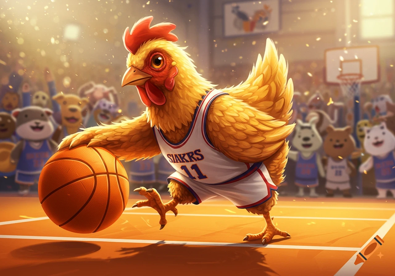 A cartoon chicken wearing a basketball jersey dribbles a basketball on ...