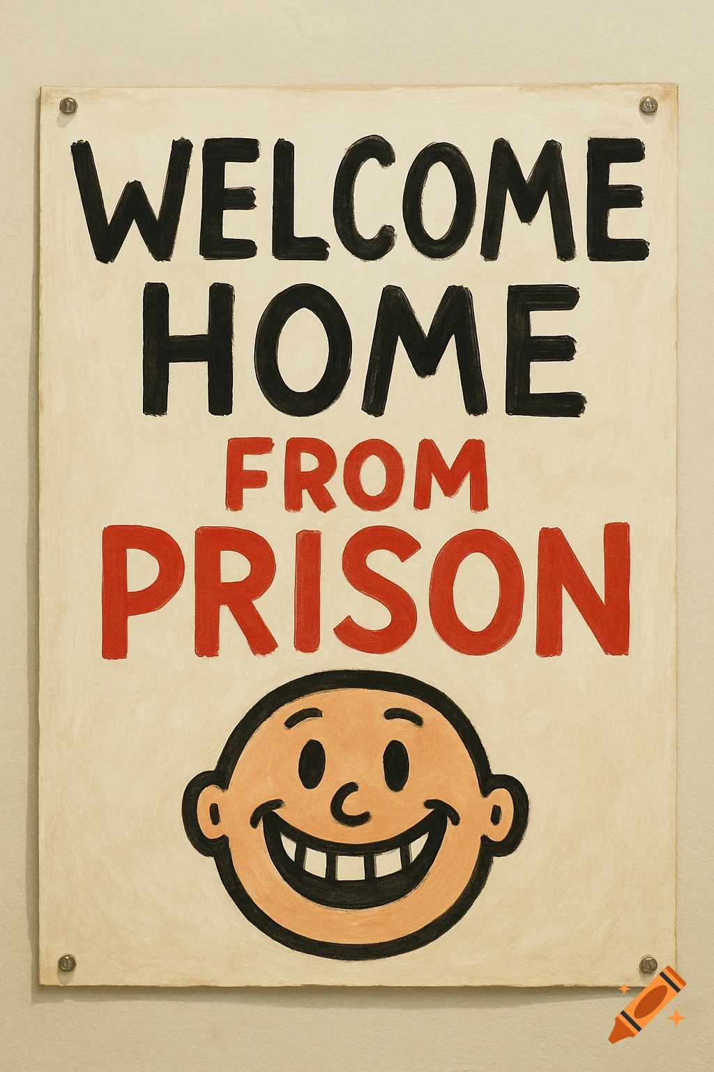 Sign reading WELCOME HOME FROM PRISON with a smiling cartoon face below ...