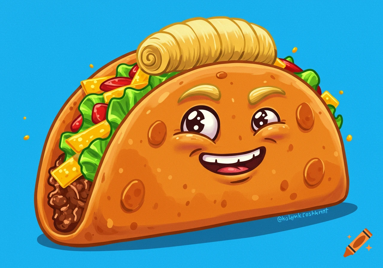 Cartoon illustration of a happy taco with a face and blonde hair on a ...