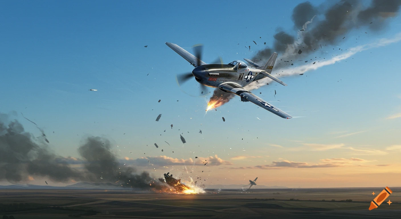 WWII fighter plane crashing with smoke and debris in the sky during ...