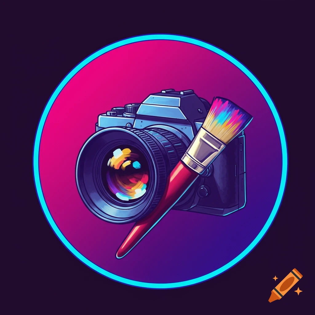 Graphic illustration of a camera and paint brush inside a colorful ...