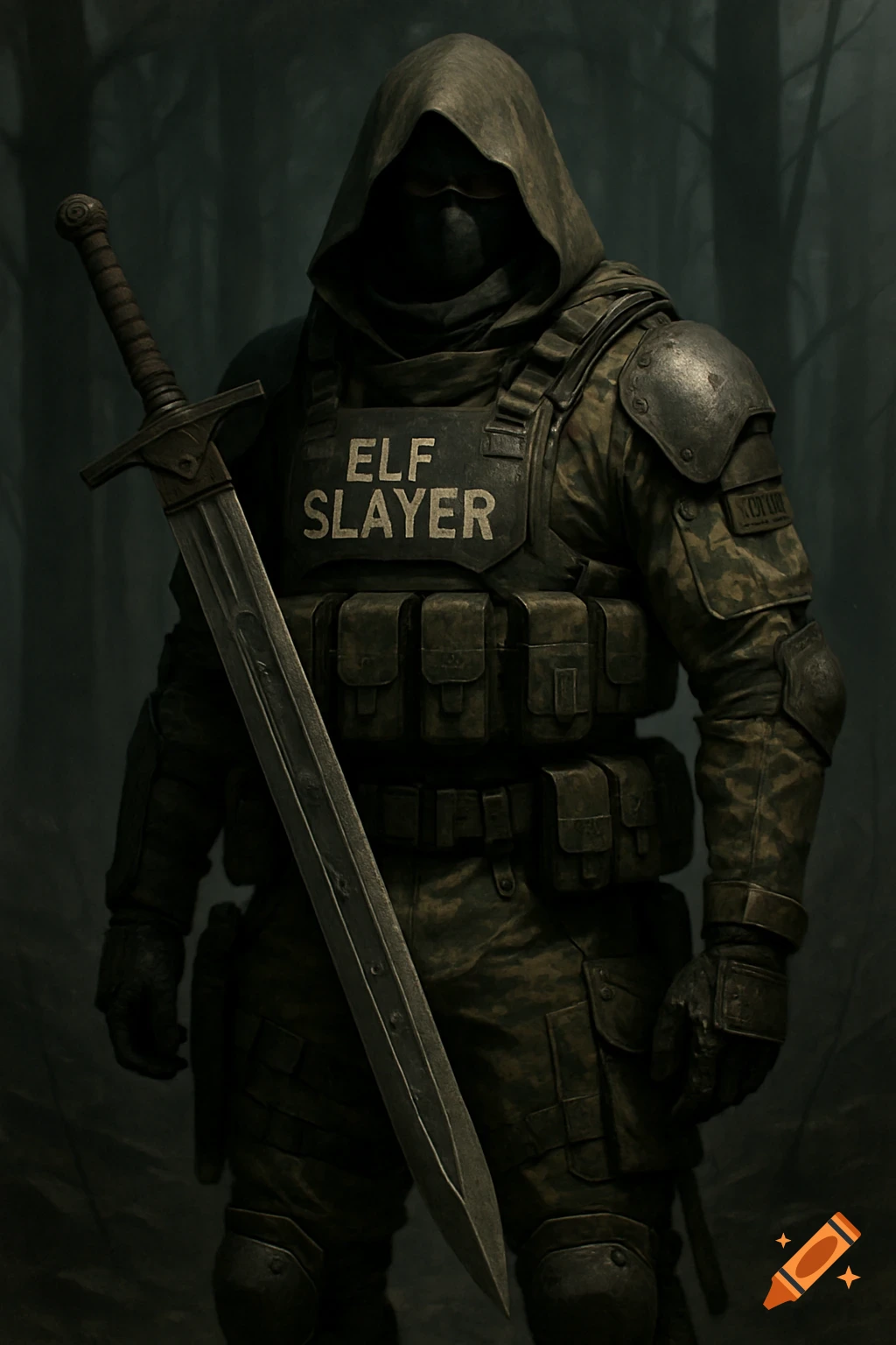 Masked soldier in tactical gear and hooded cloak holds a large sword in ...