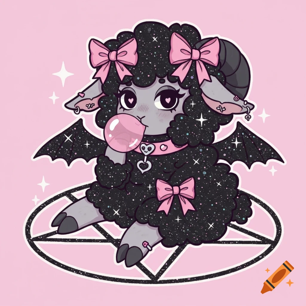 Cute gothic cartoon sheep with sparkly black fleece, pink bows, bat ...