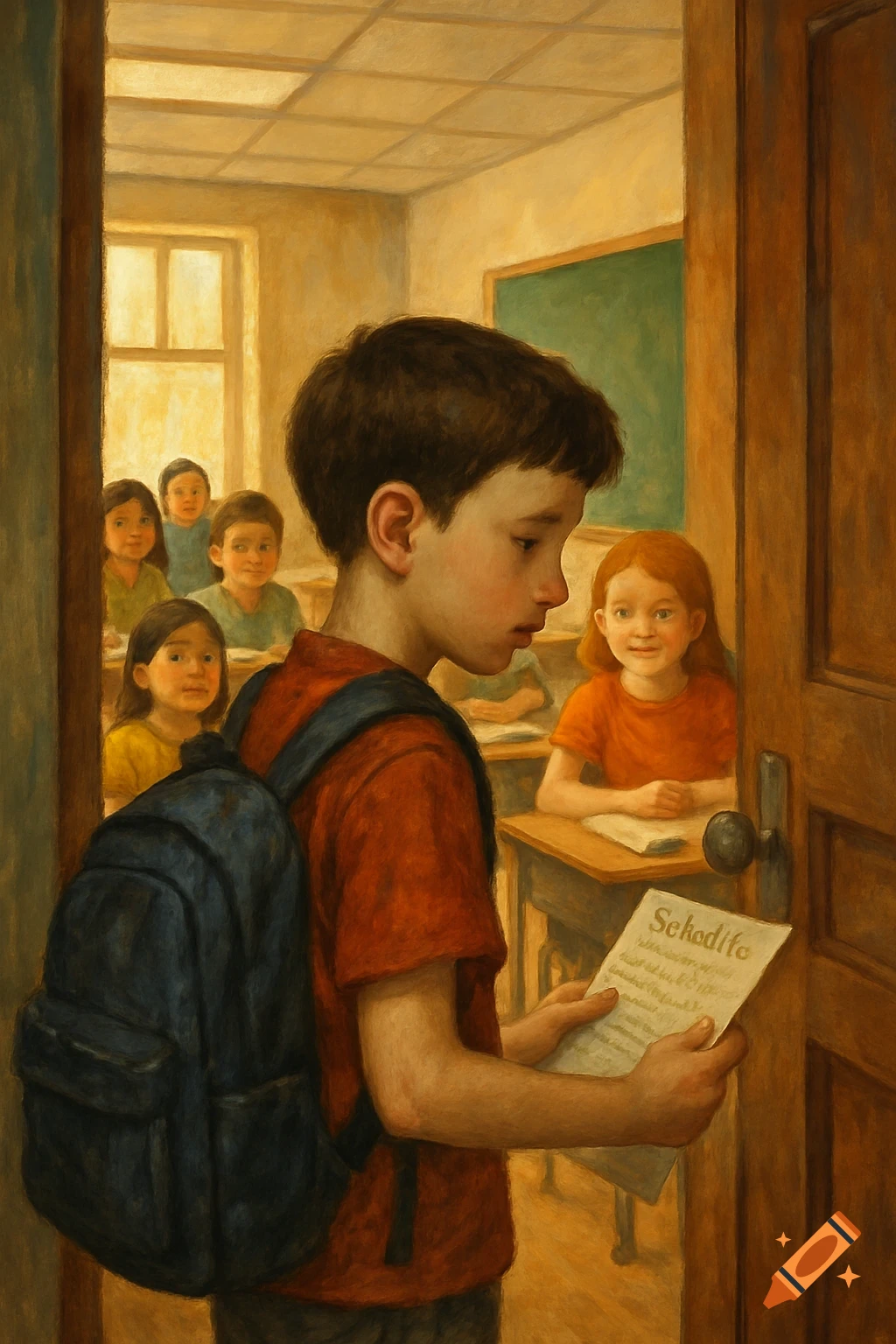 A nervous boy with a backpack holds a schedule, looking into a ...